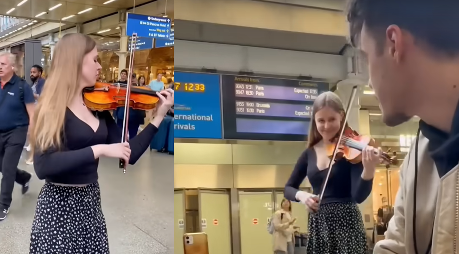 A violinist plays Vivaldi's "Summer" with a man playing the street ...